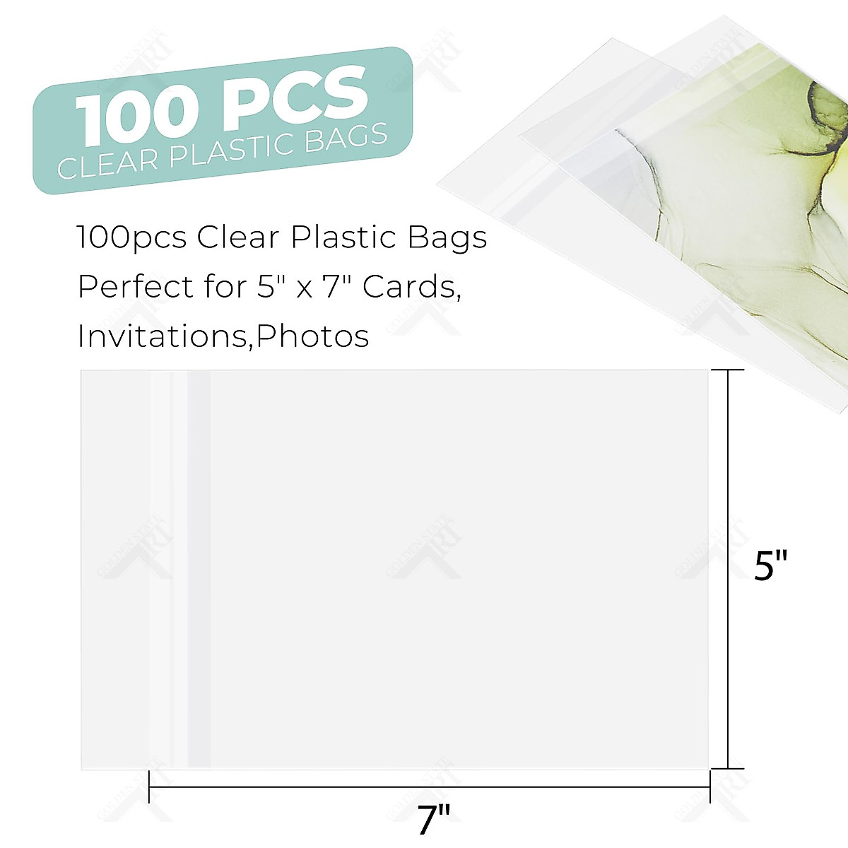 Golden State Art, Pack of 100, Resealable Adhesive Clear Bags with Flap - Fit for 5x7 Mat Matting and Art Prints Bag Size: 5 1/4 x 7 1/8 in