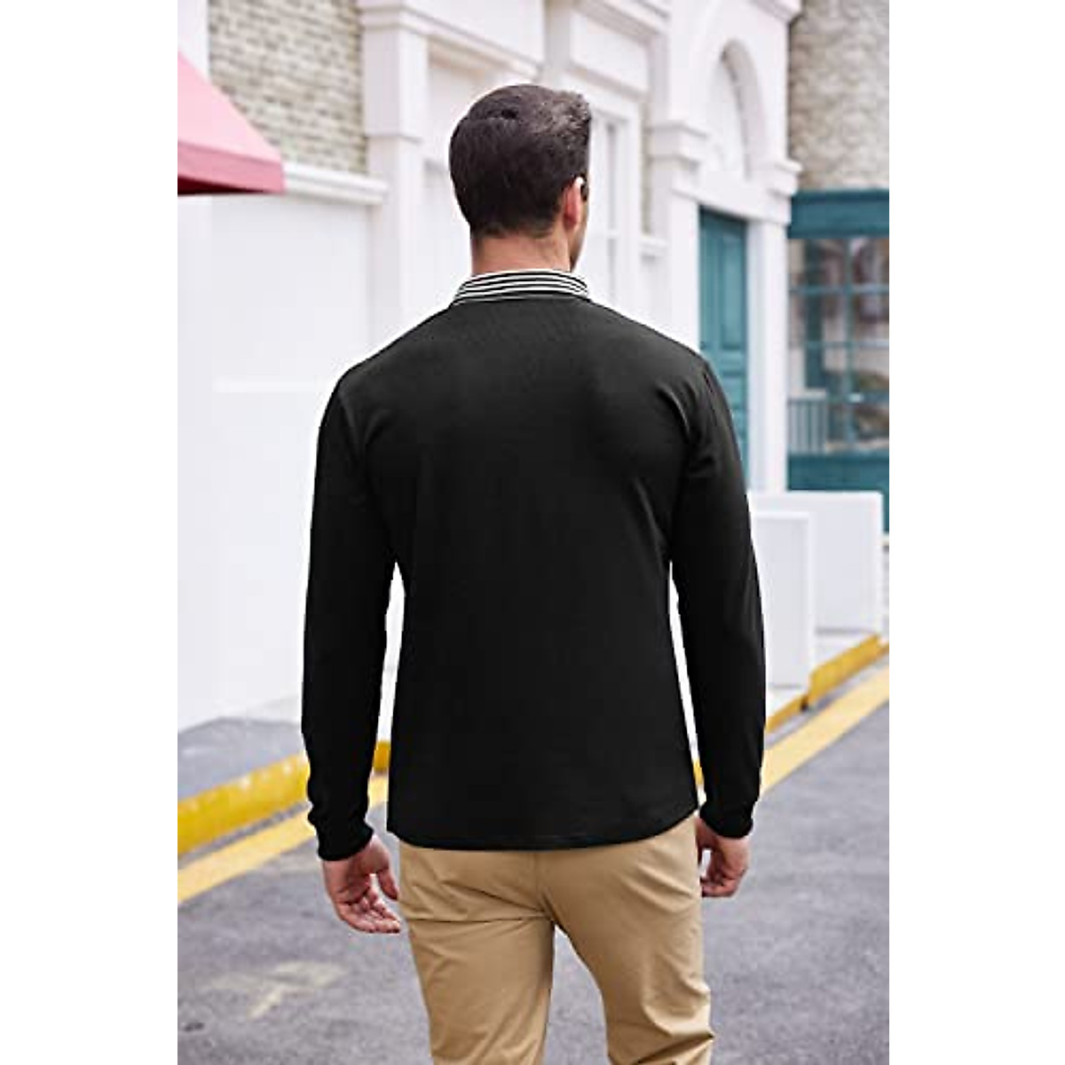 COOFANDY Men's Long Sleeve Polo Shirt Striped Collar Casual Slim Fit Cotton Polo T Shirts