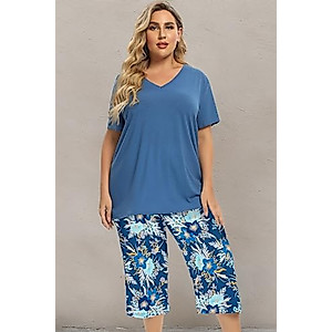 Vozanet Women's V Neck Sexy Pajamas Capri Sets Full Printed Flowers Ladies Sleepwear V Neck Floral Nighty XL to 5XL, Blue, 4X-Large