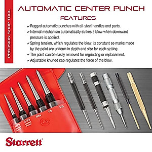 Starrett Steel Automatic Center Punch with Adjustable Stroke - 5-1/4" (130mm) Length, 11/16" (17mm) Punch Diameter, Lightweight, Knurled Steel Handle - 18C
