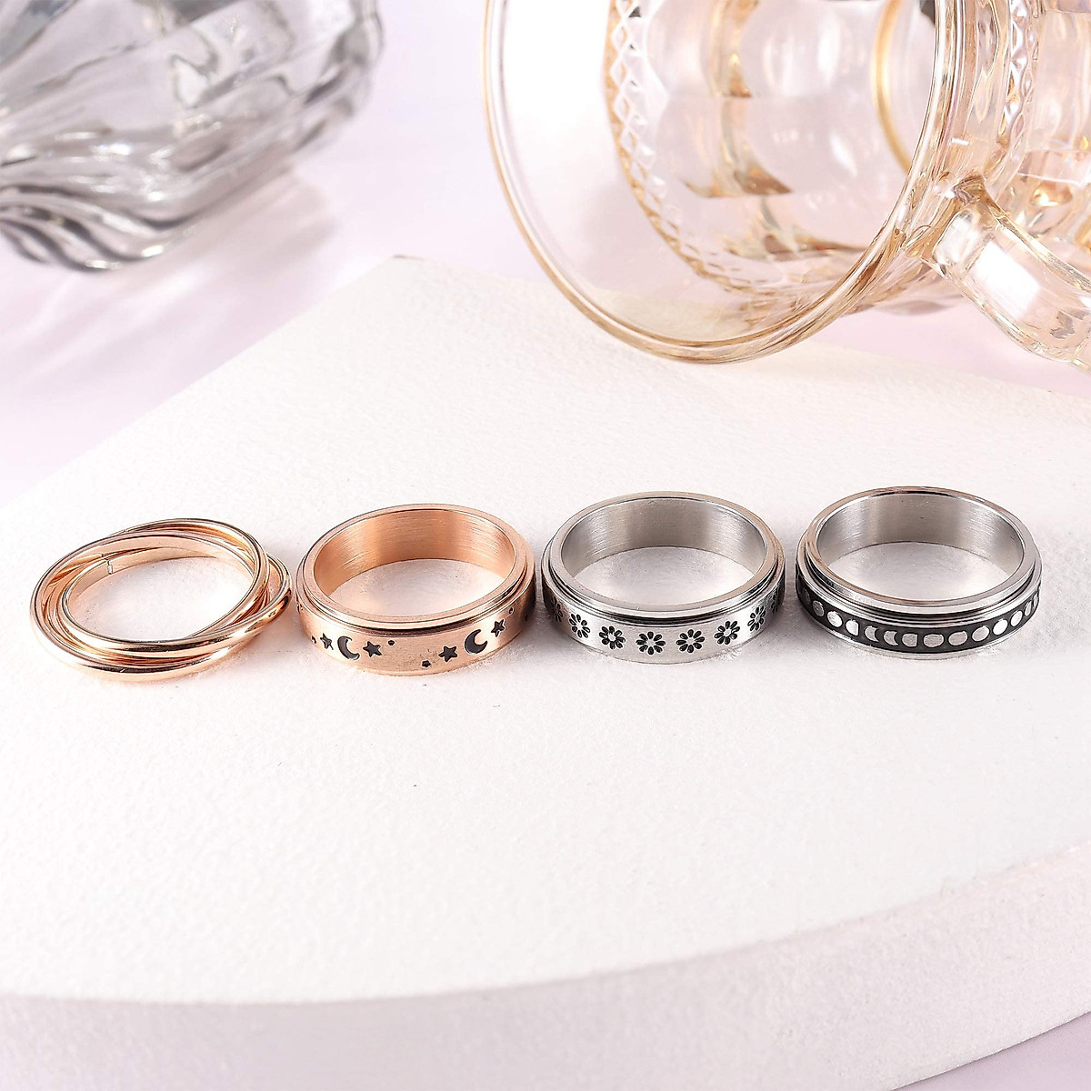 FUNRUN JEWELRY 4Pcs Stainless Steel Fidget Anxiety Ring for Women Men Fidget Spinner Rings Moon Star Celtic Stress Relieving Spinning Ring Wedding Band Rings Set Size 9(RG)