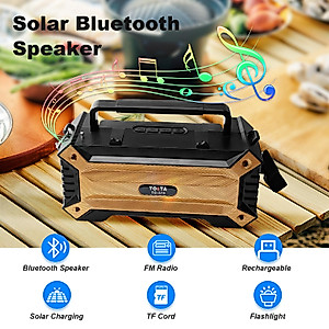 Solar Bluetooth Speaker with Flashlight, Portable Rechargeable Outdoor Speaker with Phone Holder Shoulder Strap for Party Hiking Picnic Family