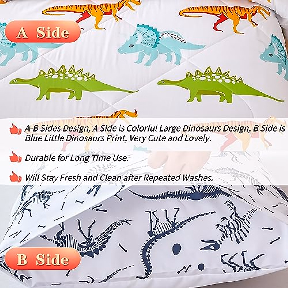 RYNGHIPY Dinosaur Comforter Set for Kids Boys Girls Dinosaur Bedding Set with 2 Pillowcases Soft Breathable Microfiber Comforter Sets for All Season (White,Twin)