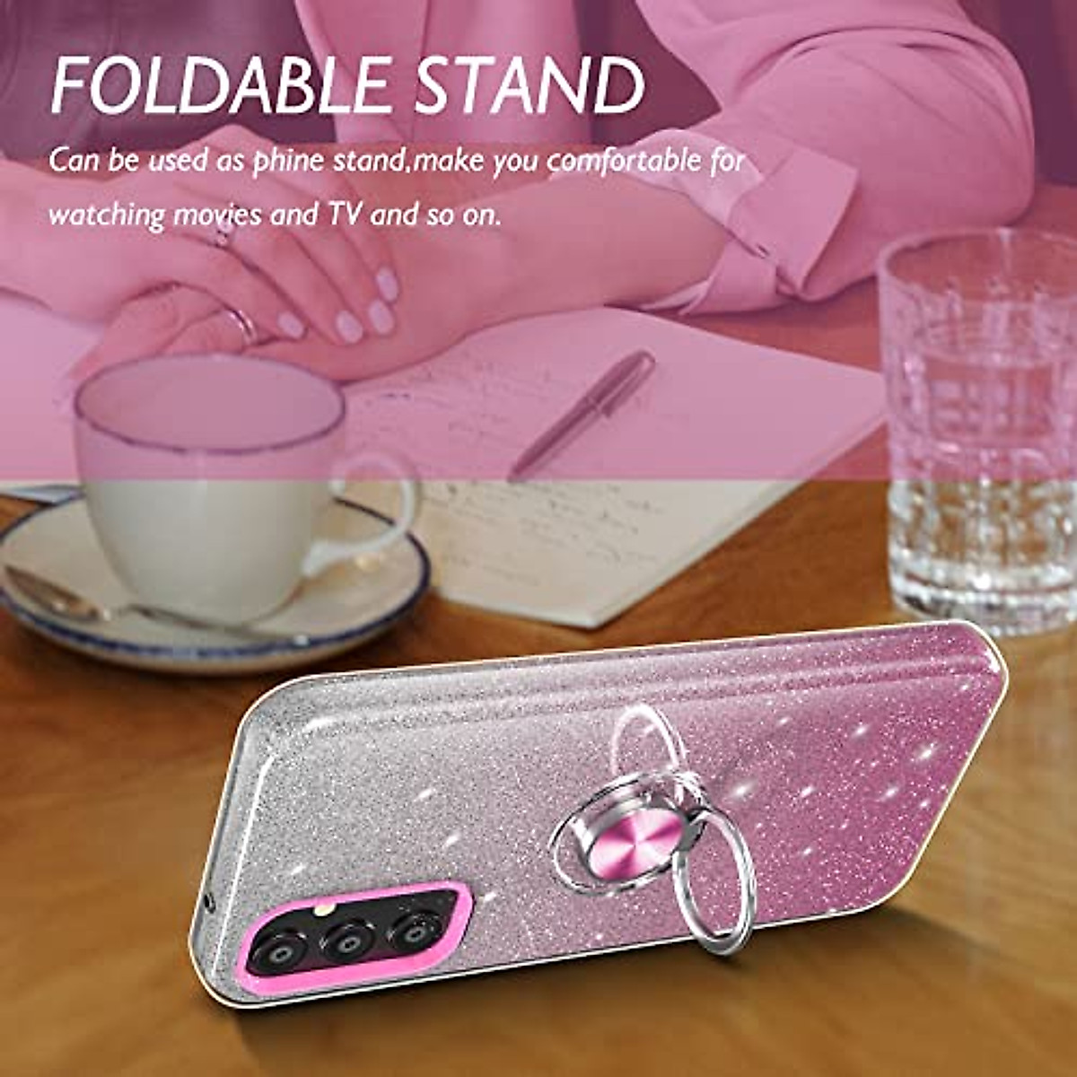 KSWOUS for Galaxy A14 5G Case with Screen Protector [2 Pack], Glitter Sparkly Bling Pink Protective Cover with Kickstand for Women Girls Slim Shockproof Case for Samsung A14 Phone Case (Pink