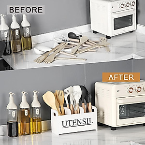 Ziluce Wood Utensil Holder, Utensil Holder for Kitchen Counter, for Organizing and Storing Cooking Utensils, 3 Compartments - White