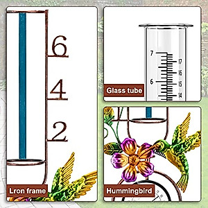 SYSUVANA Rain Gauge Outdoor with Outdoor Thermometer for Garden, Easy to Read Metal Stake with 7 Inch Replacement Glass Tube, Sunflower Hummingbird Décor for Yard Garden Patio Lawn