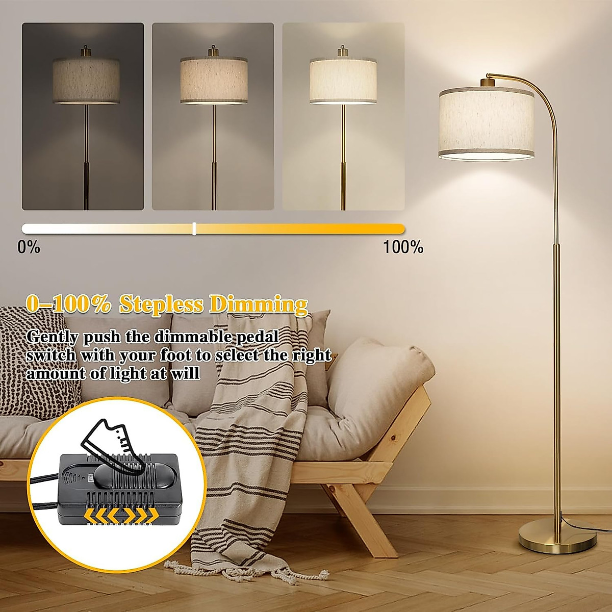Boncoo LED Floor Lamp Fully Dimmable Modern Standing Lamp Arc Floor Lamp with Adjustable Drum Shade, Golden Tall Pole Reading Lamp Corner Light for Living Room Bedroom Study Room, 8W LED Bulb Included