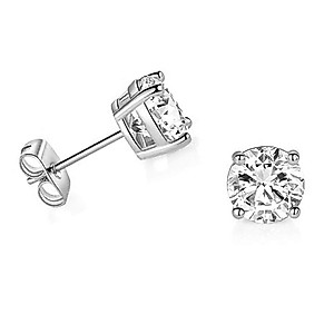 Solid 14k White Gold Solitaire Round Cubic Zirconia CZ Stud Earrings with 14kt Gold Butterfly Push Backings