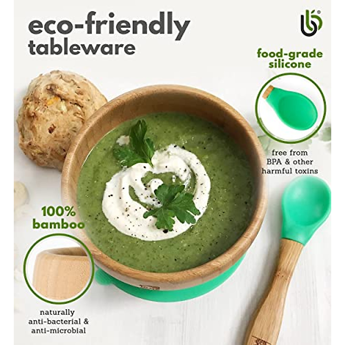 bamboo bamboo ® Suction Bowl for Baby – Bamboo Baby Bowl and Spoon Set with Removable Silicone Suction Cup for Kids | 11.8oz | Non-Toxic | Cool to The Touch | Ideal for Baby-Led Weaning (Green)