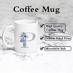 Monogram Letter P Coffee Mugs Marbling Letter Blue Flower Funny Coffee Mugs Alphabet Letters Porcelain Coffee Mugs Drinking Cups with Handle Friendship Gift For Mom Dad Grandma Grandpa Women Men 11oz