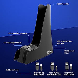 Snakebyte Controller & Headset Charge Station - for Playstation PS5 DualSense - Wireless Headset Charger & Stand - Quick Charge - Accessories, LED Charging Status Indicator - Black