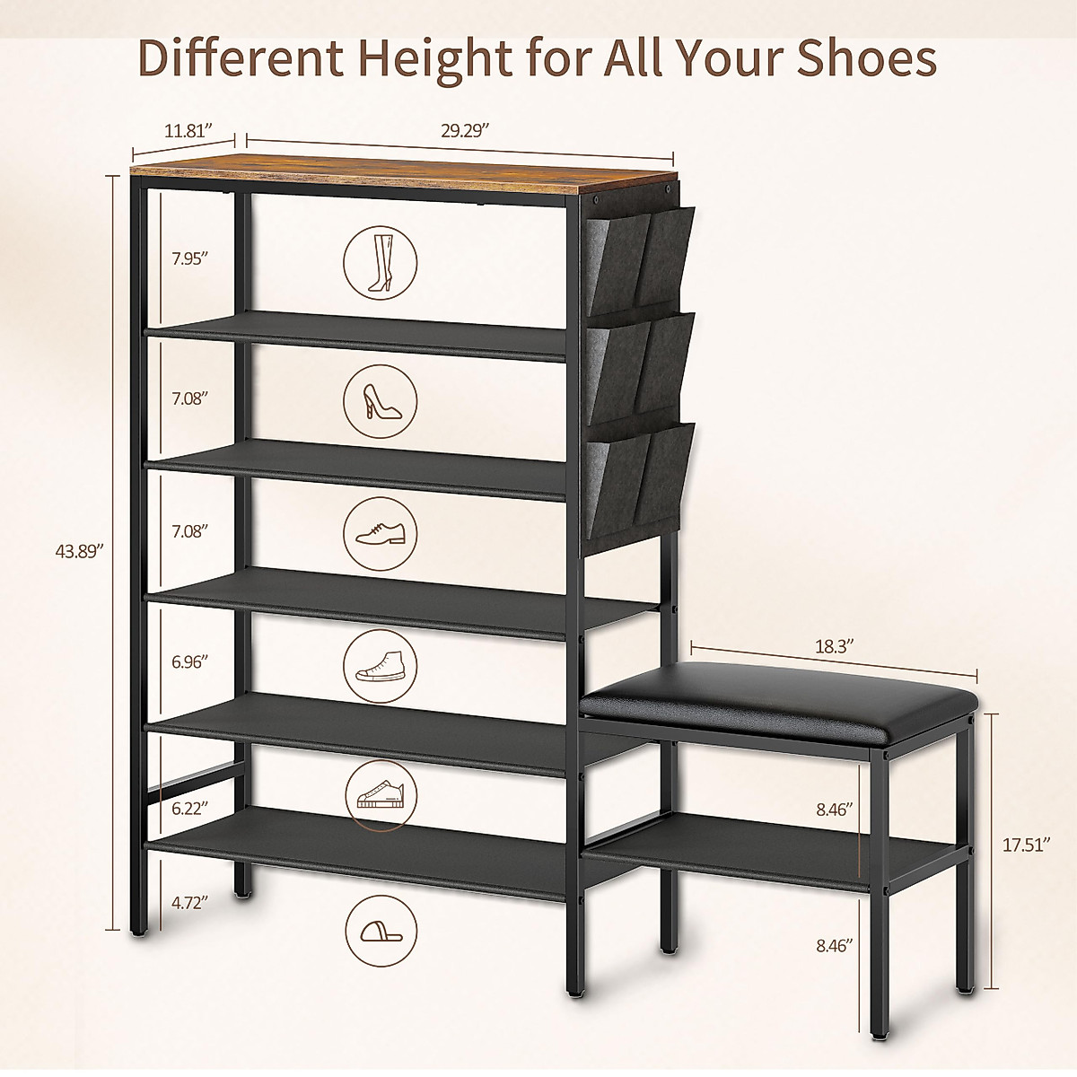 FURKO Shoe Rack with Seating Bench,Shoe Storage Organizer for Entryway,Large Capacity 6-Tier Shoe Shelf,Steel Frame Wood Top,for Closets, Hallway,47.6 * 11.8 * 43.8 Inches, Rustic Brown