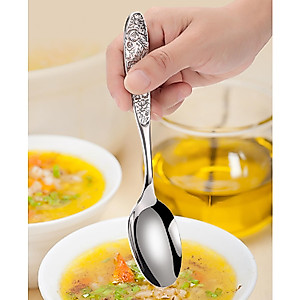 Ouliget Hammered Pattern Stainless Steel Bouillon Spoon,Embossed Pattern Flatware,Hammered Surface Dessert Spoons,7 Inch,Set of 4.