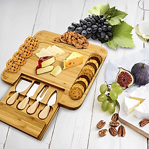 Esup Bamboo Cheese Board Set Cheese Plate 13'' x 13'' With Integrated Slide-Out Drawer and 4 Specialist Cheese Knives Set