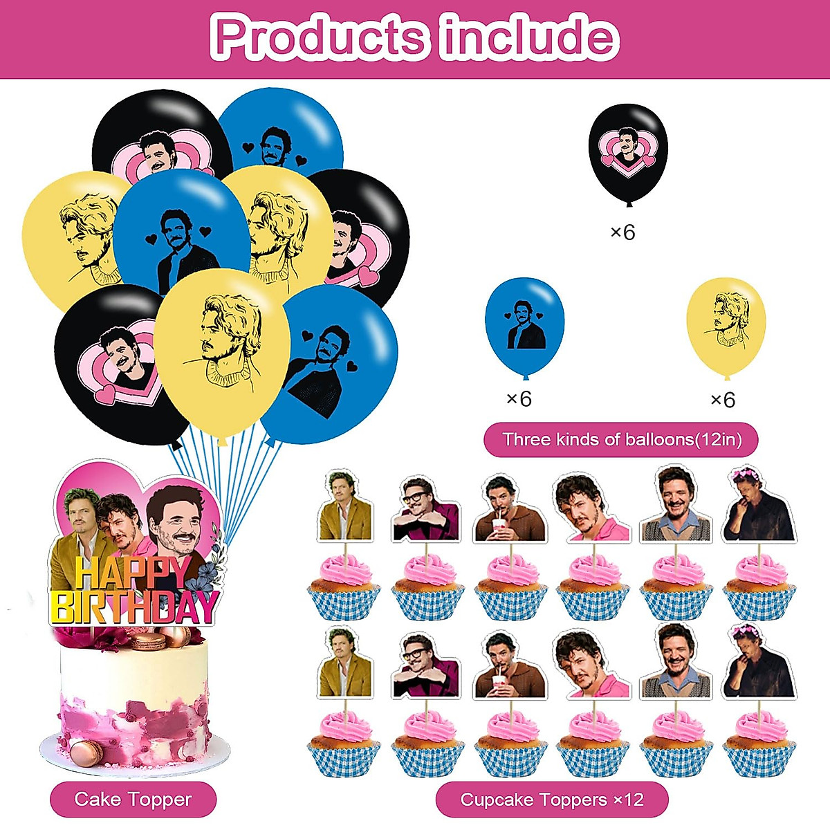 𝓟𝓮𝓭𝓻𝓸 𝓟𝓪𝓼𝓬𝓪𝓵 Birthday Party Supplies, 𝓟𝓪𝓼𝓬𝓪𝓵 Party Decorations with Happy Birthday Banner Cake Topper Cupcake Toppers Balloons Stickers for 𝓟𝓮𝓭𝓻𝓸 Themed Party Decortions