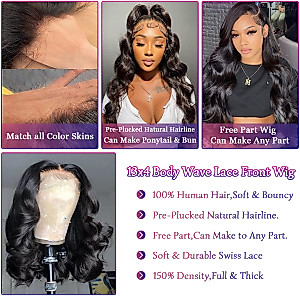 Body Wave Lace Front Wigs Human Hair 13x4 HD Lace Frontal Wigs Human Hair 26 Inch Glueless Wigs 180% Density Brazilian Virgin Human Hair Wigs For Black Women Pre Plucked With Baby Hair Natural Black