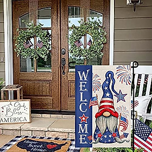 CROWNED BEAUTY 4th of July Patrioctic USA Blue Gnome Garden Flag 12x18 Inch Double Sided Memorial Independence Day Outside Yard Party Decoration