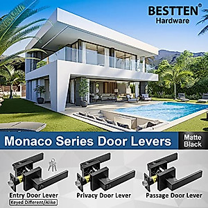 BESTTEN Heavy Duty Entry Door Lever for Exterior and Interior Use, Matte Black Square Door Handle, Commercial and Residential, Monaco Series