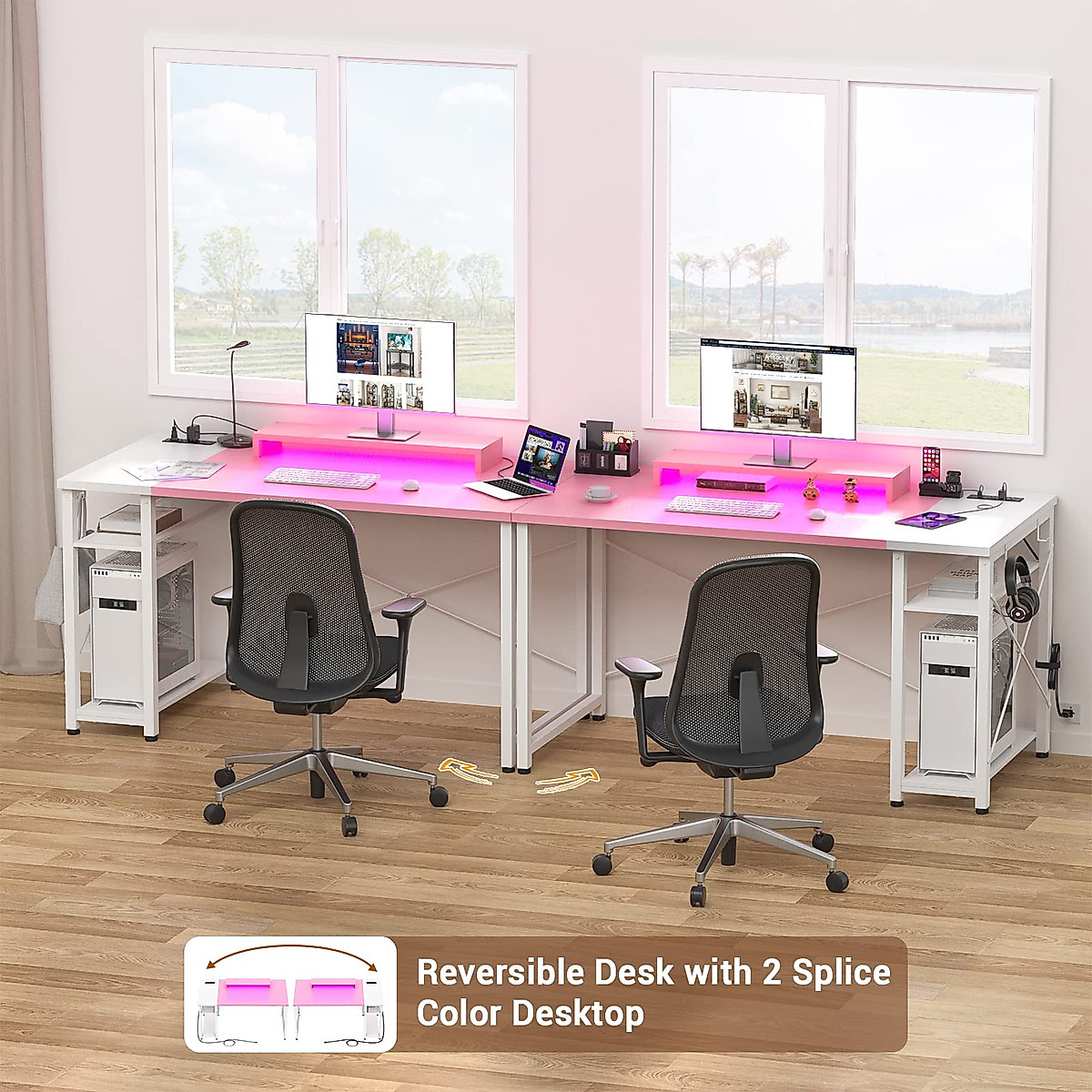 armocity Computer Desk with LED, Gaming Desk with Outlets, 40 Reversible Laptop Table with Monitor Stand, Small Desk for Small Spaces, Pink