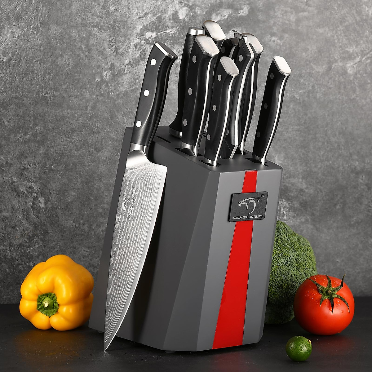 NANFANG BROTHERS Knife Set, 9 Pieces Damascus Kitchen Knife Set with Block, ABS Ergonomic Handle for Chef Knife Set, Knife Sharpener and Kitchen Shears, Knife Block Set