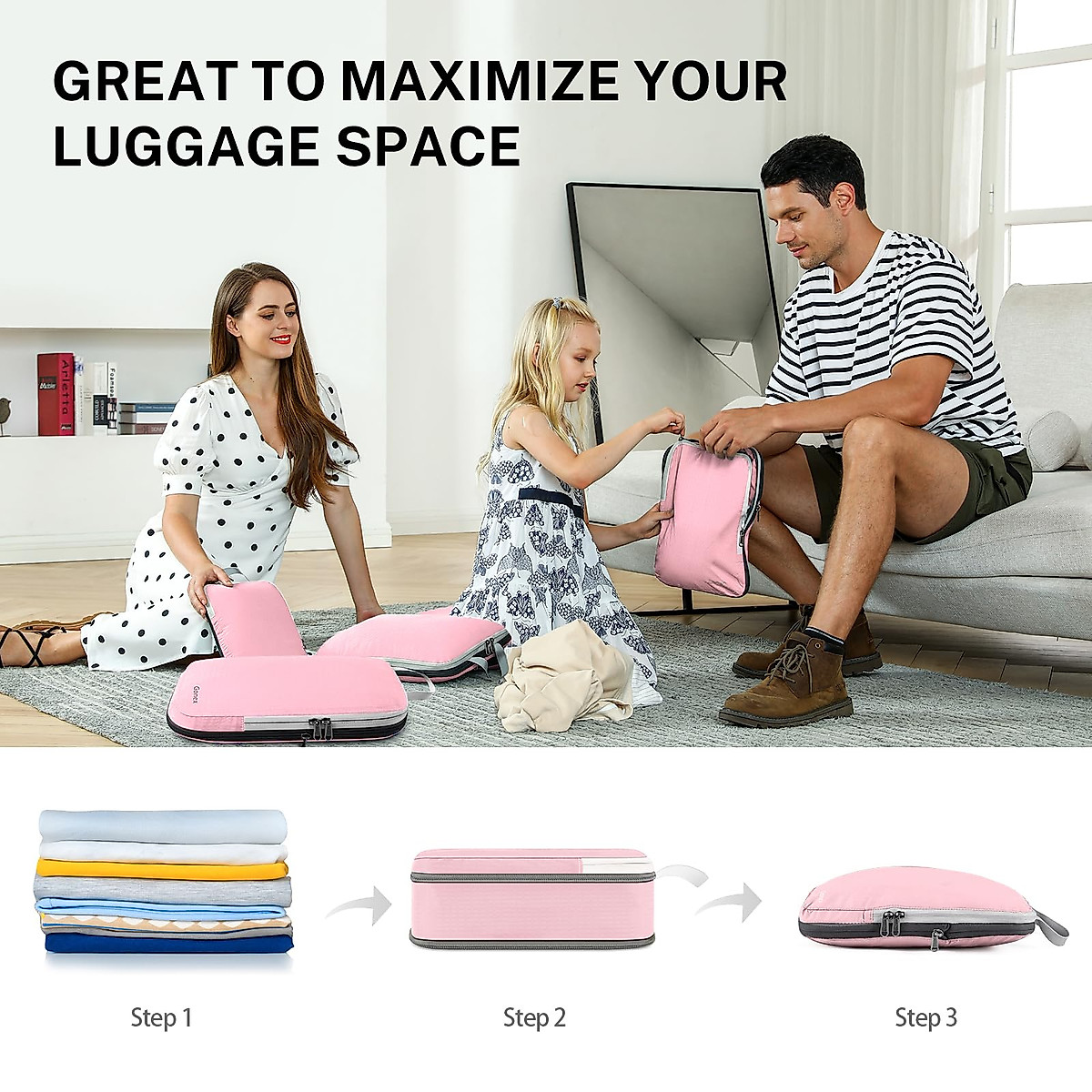 Gonex Compression Packing Cubes, 4pcs Expandable Storage Travel Luggage Bags Organizers (Pink)