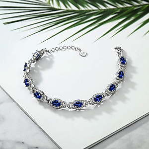 Gem Stone King 925 Sterling Silver Blue Created Sapphire Tennis Bracelet For Women (10.20 Cttw, Oval 6X4MM, 7 Inch With 1 Inch Extender)