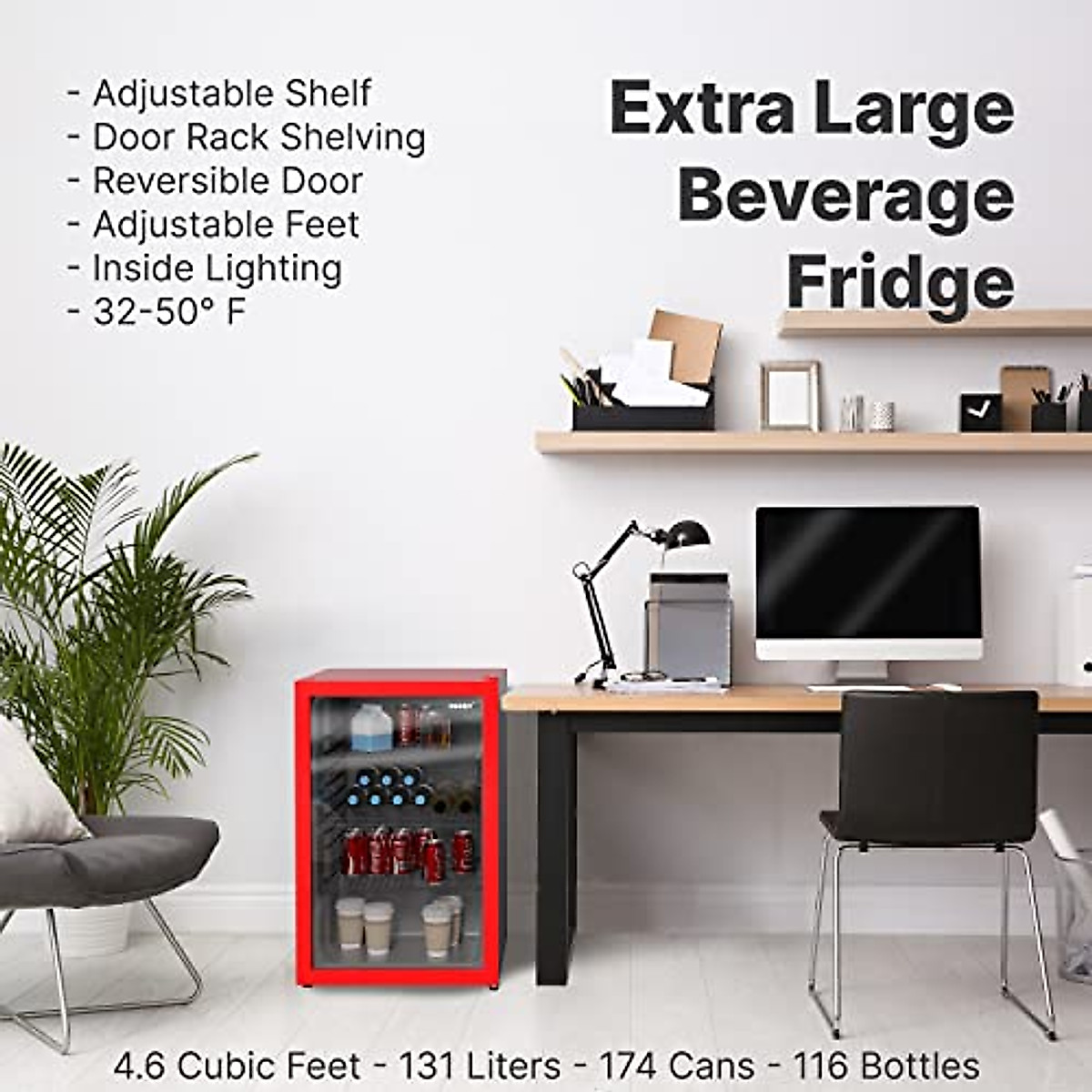 HUSKY Undercounter/Freestanding Premium Beverage Cooler & Mini Fridge 4.6 Cu.ft./131L with Reversible Glass Door, Compact Refrigerator for Home, Restaurants, Commercial, RV Energy Star