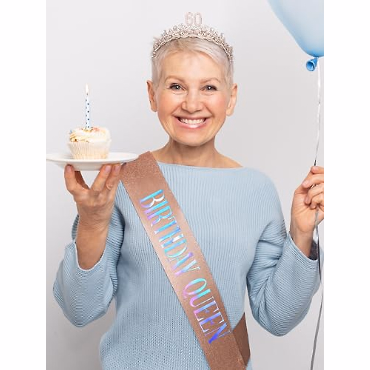 SWEETV 60th Birthday Crown Tiara Sash for Women Rose Gold Birthday Queen Sash and Tiara Crown Set Rhinestone Princess Headband for Birth Day Party Photograph