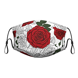 Face Mask with 2 Filters Red Black and White Roses Washable & Reusable Mouth Cover Breathable & Lightweight Face Shield for Sports, and Outdoors