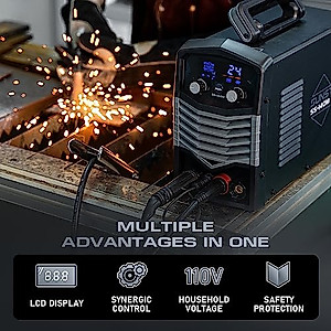 Sunstac 140Amp MIG Welder, 110V Flux Core MIG Welder/Lift TIG/Stick 3 in 1 Welding Machine with Synergic Control and IGBT Inverter, Portable Gasless MIG Welder with Intelligent LCD Display