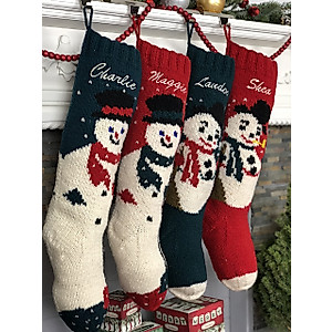 Personalized Hand Knit Mary Red Wool Snowman Chirstmas Stocking with Optional Personalization