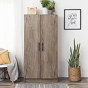 Prepac Elite Functional Wardrobe Closet Cabinet with Hanging Rail, Simplistic 2-Door Armoire Portable Closet 20" D x 32" W x 65" H, Drifted Gray, DEW-3264