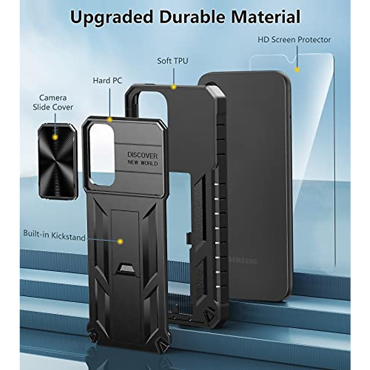 FNTCASE for Samsung Galaxy A14-5G Case: Protective Shockproof Rugged Military Grade Drop Protection A14 Cell Phone Mobile Cover with Kickstand | TPU Matte Textured Tough Hybrid Hard Cases - Black