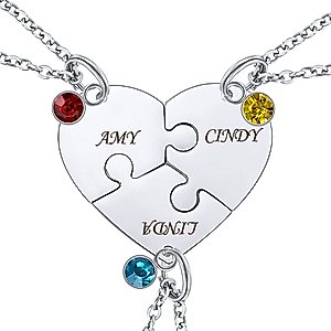 Fanery Sue Personalized Puzzle Pieces Heart Shape Necklace/Kaychain for Best Friends Family Custom Name/Date with Birthstone