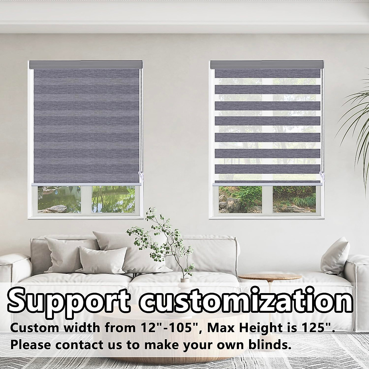 Persilux Zebra Blinds Dual Layer Roller Sheer Shades (58" W X 64" H, Dark Grey) Light Filtering Privacy Light Control for Day and Night Blackout Window Shades for Home and Office Easy to Install