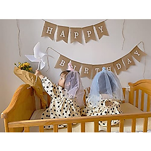 Burlap Happy Birthday Banner Reusable Hessian Sign Banner for Birthday Party Decorations, White letter