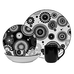 16 Pieces Dinnerware Set, Stoneware, plates and bowls sets, Service for 4, Porcelain, Decorated Mod Dot Black, Microwave Dishwasher Safe, Chip Resistant, for everyday casual kitchen and formal dinner