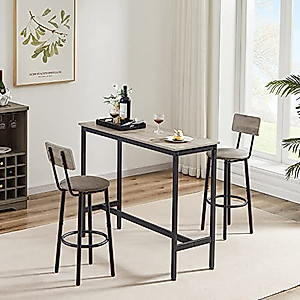 Sweiko Industrial Bar Table and Chair Set for 2 Counter Height Table and Stools with Backrest Rectangular Dining Table Set of 3 with PU Seat Chairs for Breakfast Nook Restaurant Apartment Grey