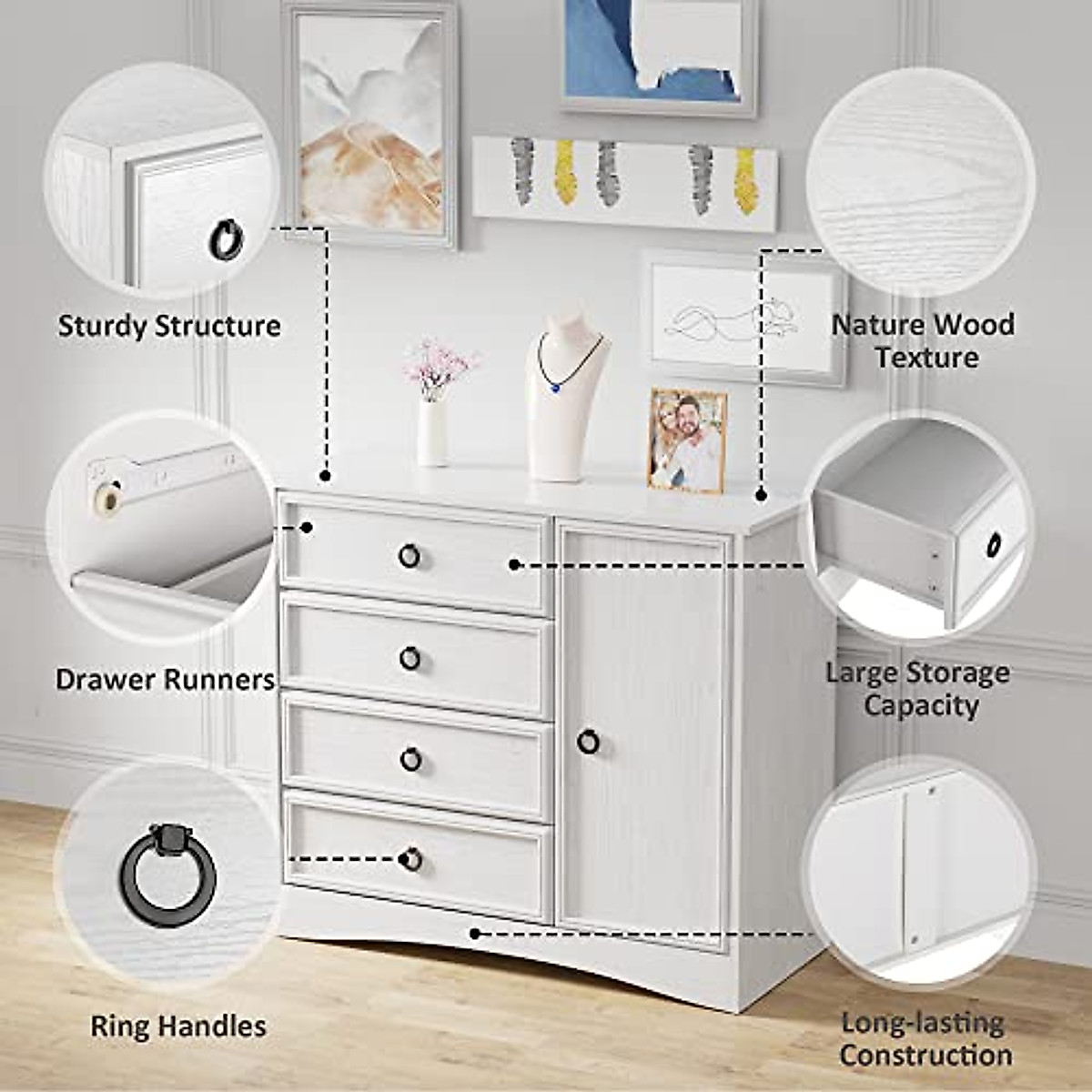 LGHM Modern 4 Drawer Dresser Set of 2, Dressers for Bedroom Adjustable Shelves, Tall Chest of Drawers Closet Organizers and Storage for Clothes - Easy Pulls, Textured Borders White