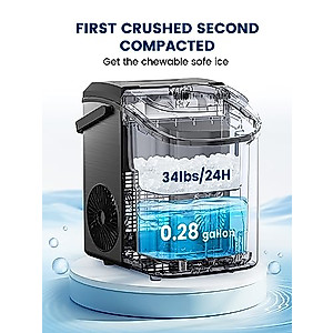 Kndko Nugget Ice Maker with Handle,33lbs/Day, Produce a Basket in 1.5 Hour, Self-Cleaning, One-Click Design, Compact Ice Maker Nugget with Chewy Ice for Home Bar Party,Black