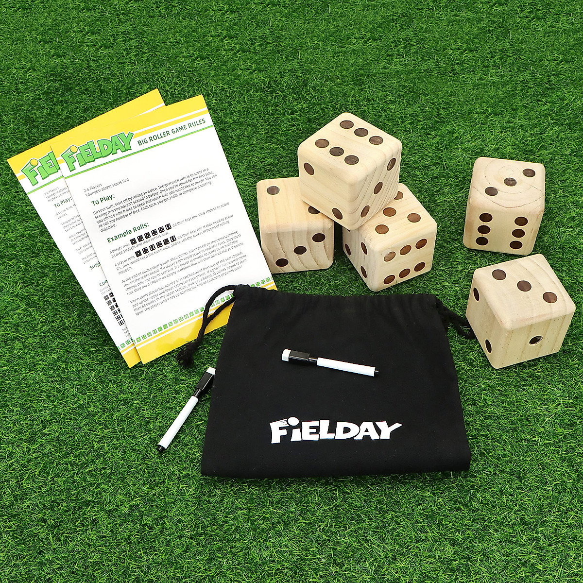 JOYIN 3.5 inch Giant Wood Yard Dice Large Dice Game Set with 6 Wooden Dice, 2 Double Sided Score Sheets, Dry Erase Marker, and a Durable Storage Bag, Good Yard Games for Kids and Adults