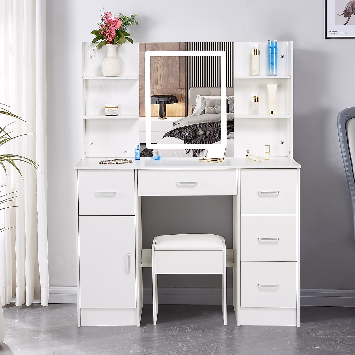 Caulitar Vanity Desk with Mirror and Lights-3 Color and Brightness Adjustable, Vanity Set with Drawers and Chair, White Makeup Vanity Table for Girls