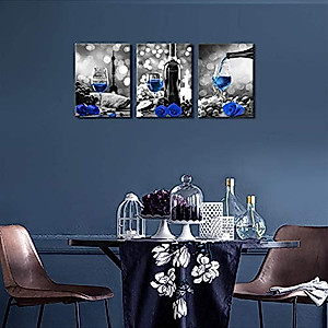 Wine Decor Kitchen Canvas Art Blue Wine Rose Artwork for Home Walls Black and White With Blue Wine Painting Printed Rose Art Dining Room Decor Blue Kitchen Pictures Wall Decor Stretched 12x16inchx3