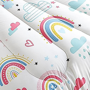 Helloosuu Kids Rainbow Comforter Set Twin,Cute Pink Rainbow Bedding Set,Kids Comforter Set for Girls Twin, Kids Girls Bedding Sets with 2PCS Pillowcases