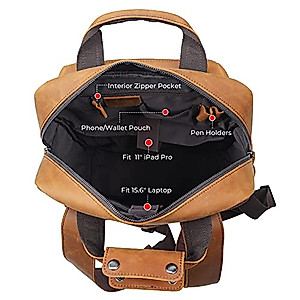 Cowhide Leather Multi Pockets 16 Inch Laptop Backpack Day Pack Travel Bag (Light Brown(Updated Version))