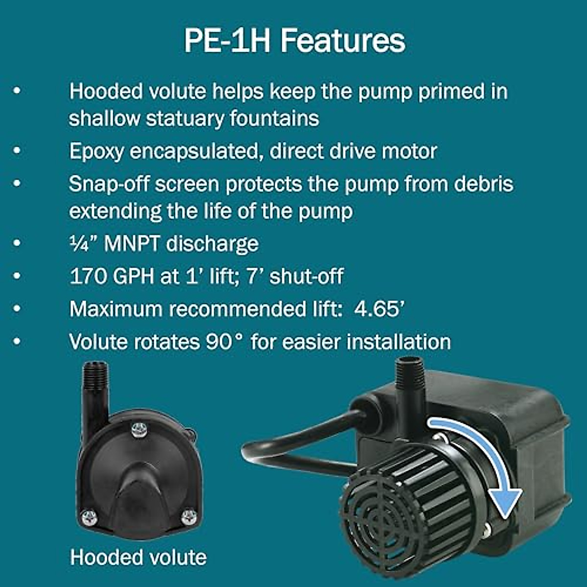 Little Giant PE-1H 115-Volt, 1/125 HP, 170 GPH Epoxy Encapsulated Small Submersible Direct Drive Pump with Hooded Volute, 6 Ft. Cord, Black, 518203
