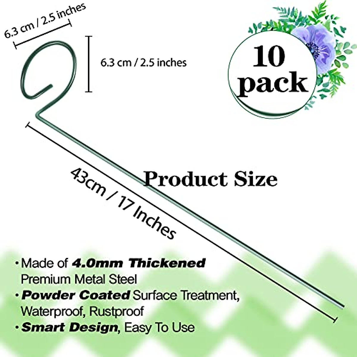 HiGift 10 Pack 17 inches Plant Support Plant Stakes with 20 Pcs Plant Clips, Metal Garden Single Stem Flower Support Stick Plant Cage Support Ring for Amaryllis Orchid Peony Rose Tomato