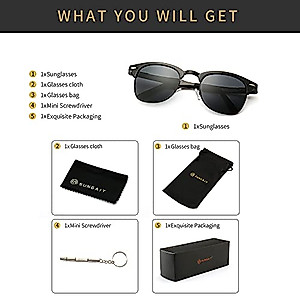 SUNGAIT Classic Half Frame Retro Sunglasses with Polarized Lens (Black Frame Gray Lens)