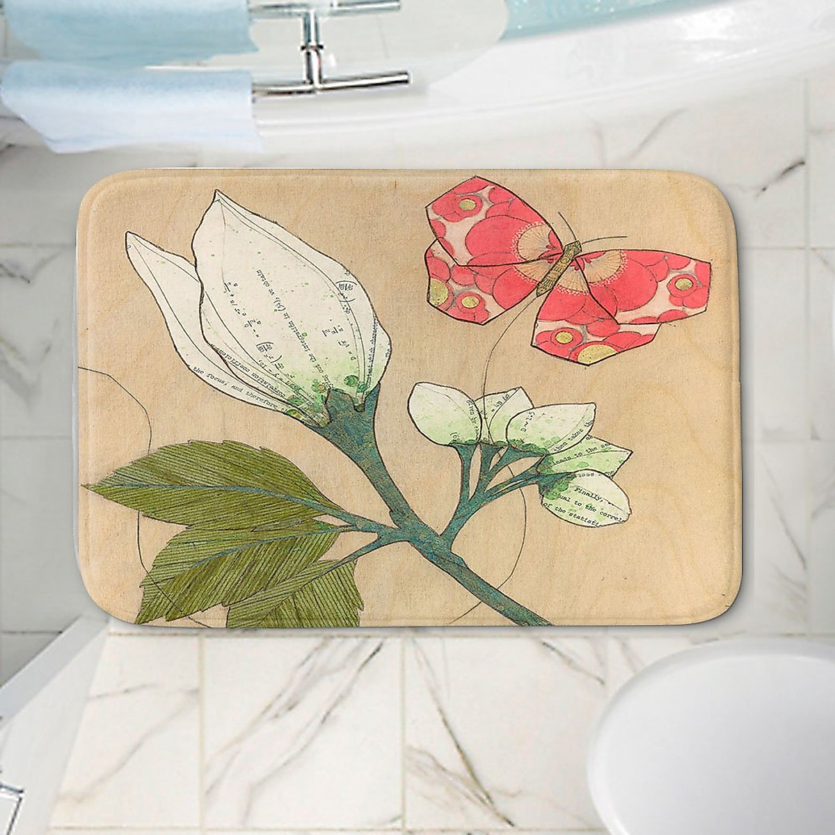 Dia Noche Designs, Bath and Kitchen Floor Mats, Large 36 x 24 in, BR-PaperMosaicWhiteFlowerRedButter2