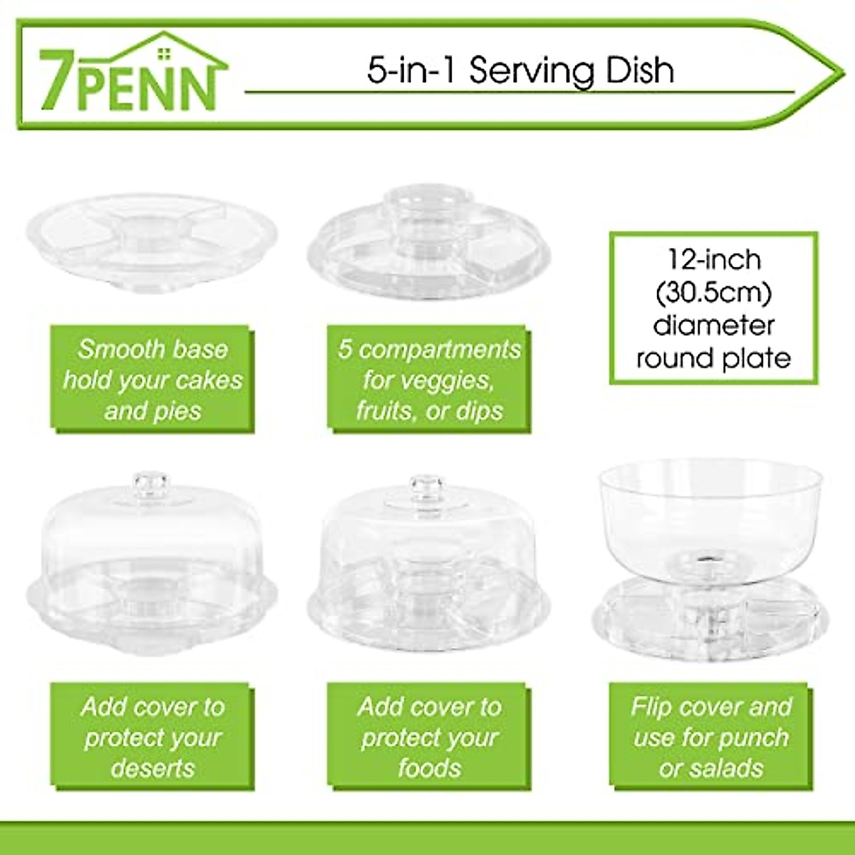 7Penn Clear Acrylic Cake Stand with Dome Cover Lid - 12in Multi-Function Cake Plate Serving Platter and Punch Bowl Set